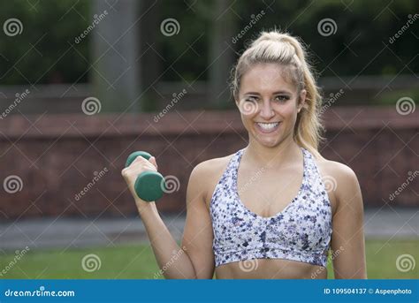 Stunning Young Blonde Woman Works Out In Yard Stock Image Image Of