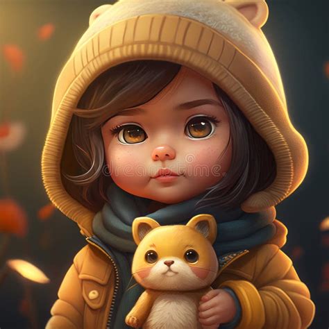 Cute Girl With Big Eyes In Creative Cartoon Style Generative Ai Stock