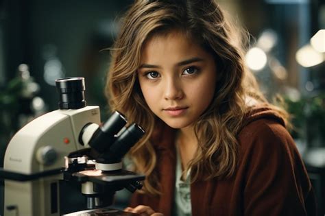Premium Photo Cute Girl Looking Through Microscope