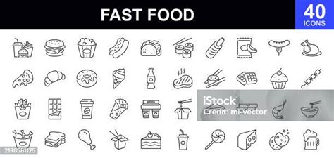 패스트 푸드 아이콘 세트 버거 피자 핫도그 도넛 감자 튀김 샌드위치 아이스크림 소다 케밥 소시지 부리토 등이 들어 있습니다