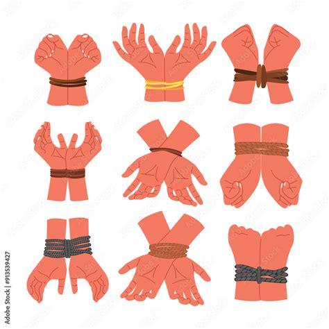 Set Of Hands Tied With Rope Collection Hands With Wrist Tied Together