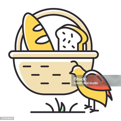 만나와 메추라기 성경 이야기 색상 아이콘입니다 바구니와 새에 빵 빵 빵 종교적 전설 기독교 종교 거룩한 책 장면 플롯 성경의