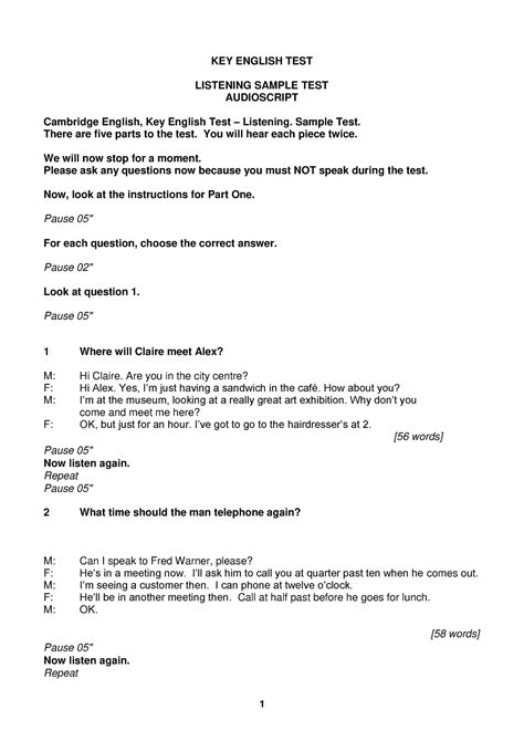 Lời Thoại Bài Nghe A2 Key Listening Tape Script Key English