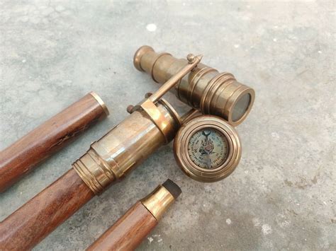 Wooden Walking Stick Cane Brass Telescope Compass Handle On Top