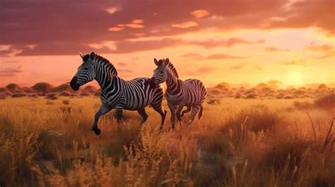 Premium Photo Zebras Running In A Field At Sunset With A Cloudy Sky