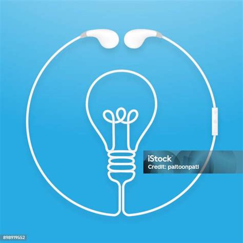 블루 그라데이션 배경 복사 공간에 고립 이어폰 무선 및 원격 버드 종류 화이트 색상 및 케이블에서 만든 원형 프레임 전구 기호 귀 부분에 대한 스톡 벡터 아트 및 기타