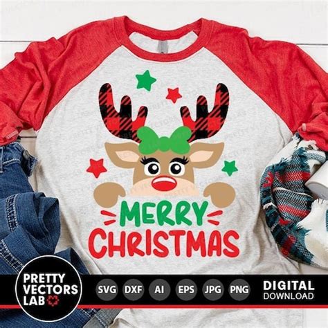 Merry Christmas Svg Buffalo Plaid Reindeer Svg Girl Reindeer Etsy