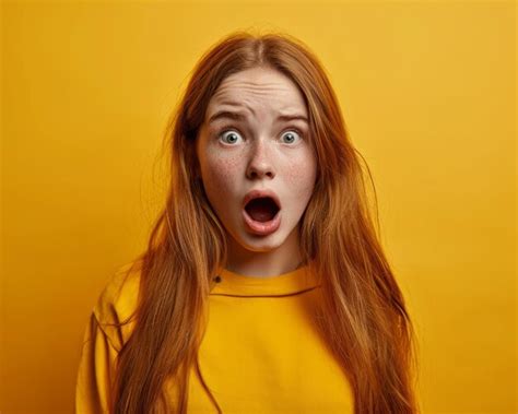 Premium Photo Surprised Redhead Girl With Open Mouth On Yellow Background