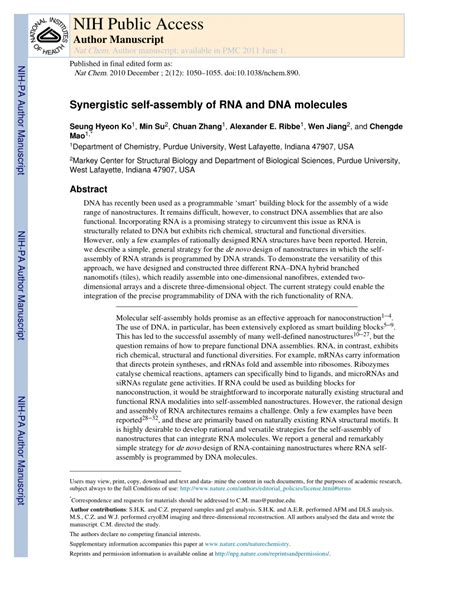 Pdf Synergistic Self Assembly Of Rna And Dna Molecules