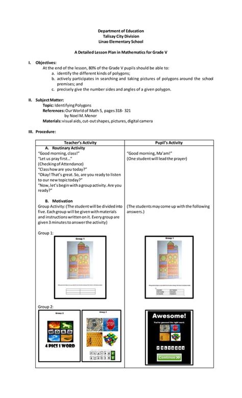 Detailed Lesson Plan For Mathematics Identifying Polygons Pdf