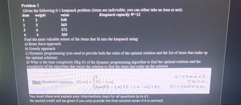Solved Problem 3 Given The Following 0 1 Knapsack Problem