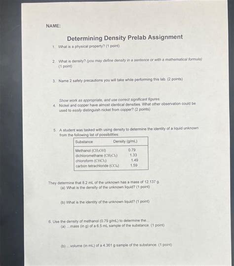 Solved NAME Determining Density Prelab Assignment What Chegg Com