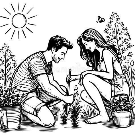 Man And A Woman Are Planting A Tree Together Stock Vector Illustration Of Romance Talking