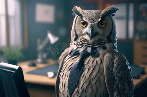 Portrait Of An Owl Dressed In A Formal Business Suit At The Office Stock Illustration
