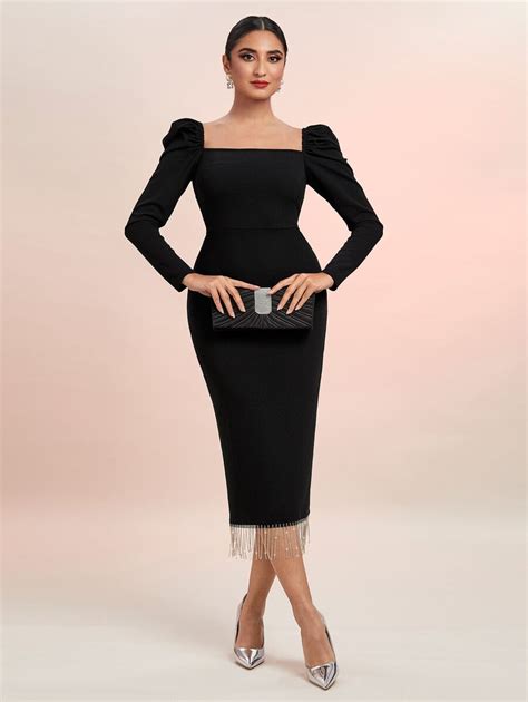 SHEIN Modely Vestido Apertado Gola Quadrada Bainha De Franja SHEIN Brasil