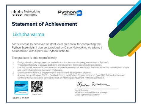 likhitha varma chinta on linkedin proud to announce my certification in python essentials 1
