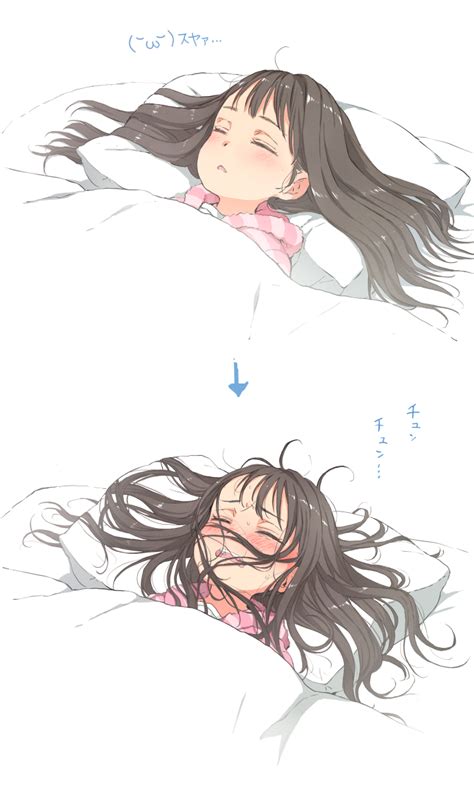 Safebooru 1girl Bed Black Hair Blush Closed Eyes Commentary