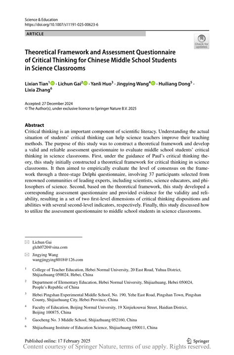 Theoretical Framework And Assessment Questionnaire Of Critical Thinking For Chinese Middle