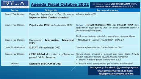 Octubre 2022 Agenda De Obligaciones Fiscales Laborales Y De Seguridad
