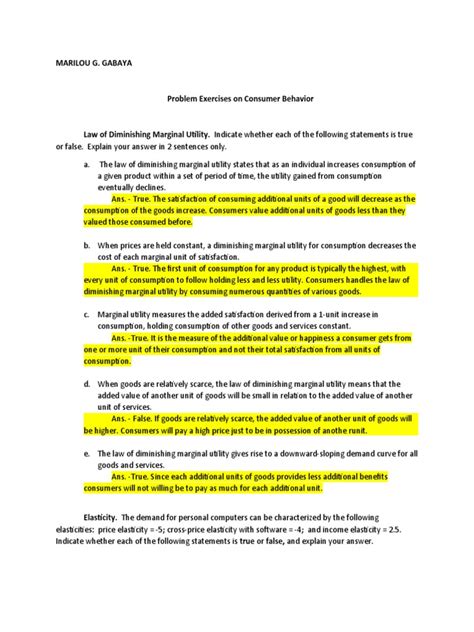 problem exercises on consumer behavior pdf utility marginal utility