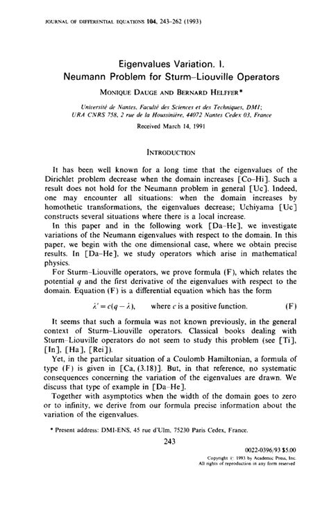 Pdf Eigenvalues Variation I Neumann Problem For Sturm Liouville Operators