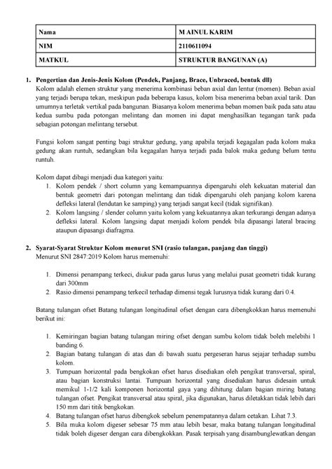 Bab Struktur Kolom Nama M Ainul Karim Nim 2110611094 Matkul Struktur Bangunan A Pengertian