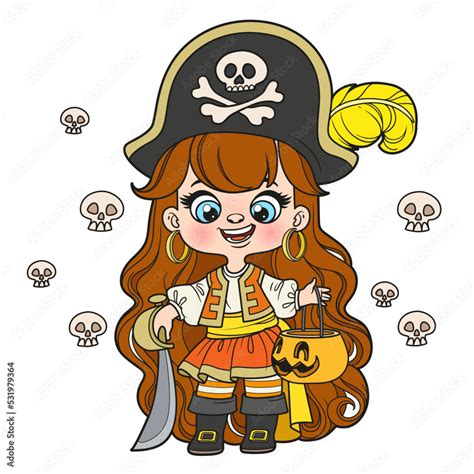 Cute Cartoon Long Haired Girl In Halloween Pirate Dress With Bucket