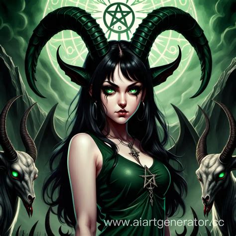 Enigmatic Darkhaired Girl Confronting Baphomet Ai Art Generator