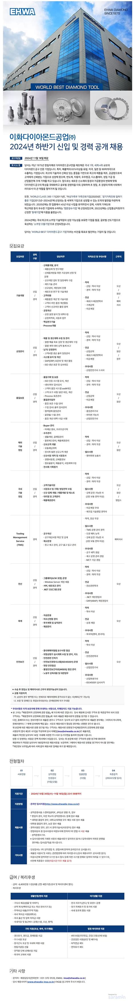이화다이아몬드공업 채용공고 2024년 하반기 신입 및 경력 공개 채용 2024년 채용