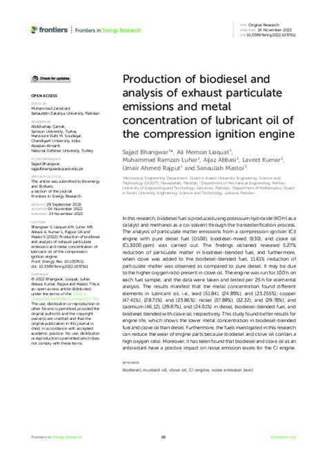 Pdf Production Of Biodiesel And Analysis Of Exhaust Particulate Emissions And Metal