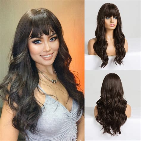 Lehoziheq Dark Brown Wig With Bangs Long Curly Wigs For Women Long