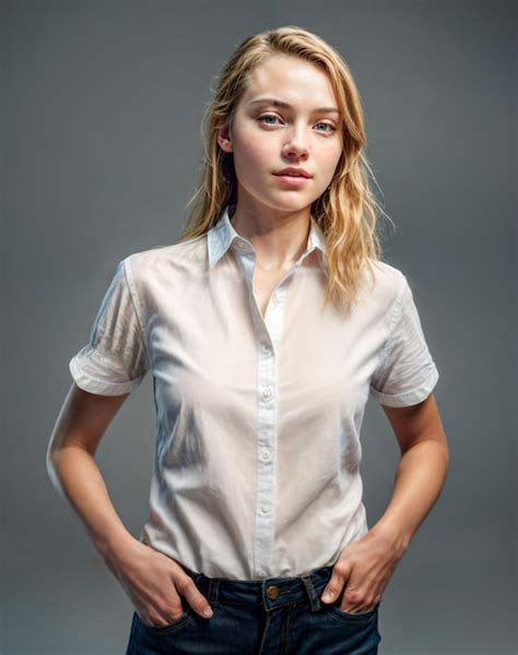 Premium Ai Image A Woman In A White Shirt And Jeans Stands In Front
