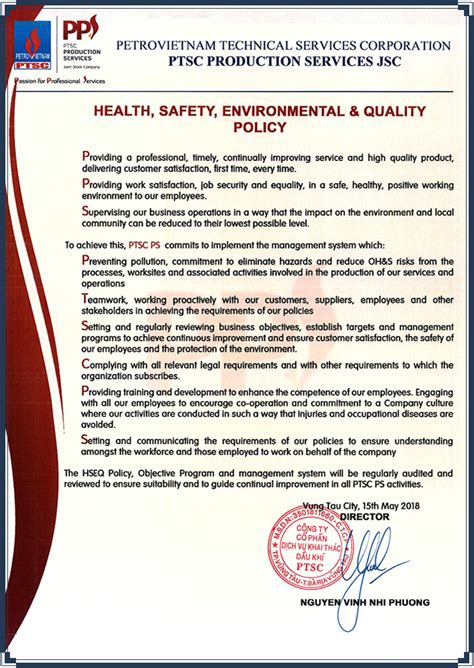 Hseq Policy Ptsc Production Services Jsc