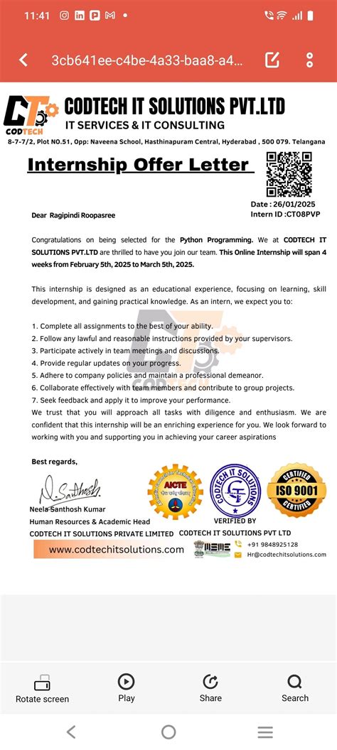 Hi Guys 👋 💥💥 Thrilled To Announce My Acceptance Of An Internship At