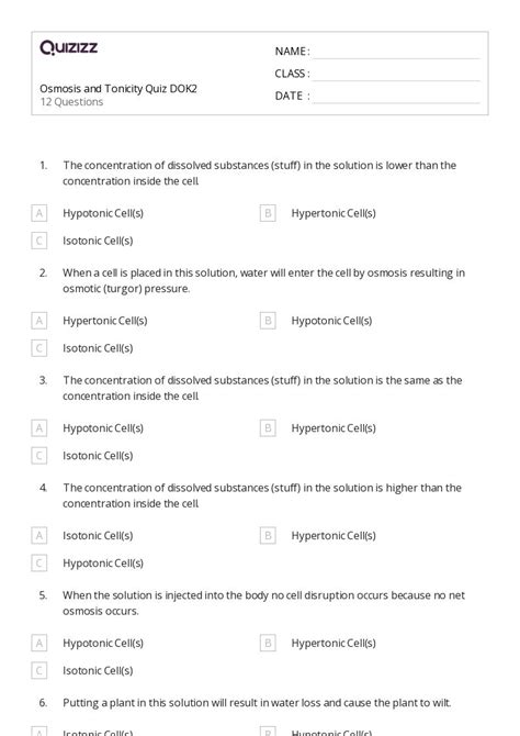 50 Osmosis And Tonicity Worksheets On Quizizz Free And Printable