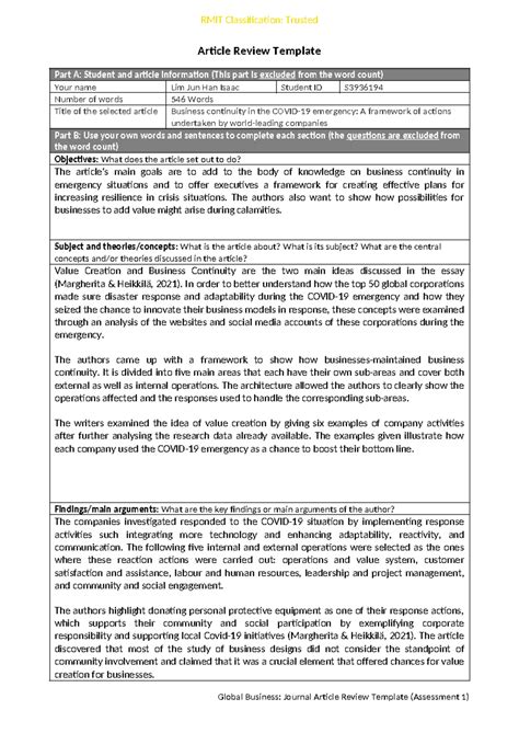 Global Business A1 S3936194 Rmit Classification Trusted Article Review Template Part A