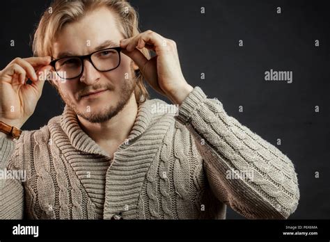 Close Up Photo Of Blond Strong Man Taking Off Glasses Touch Glasses