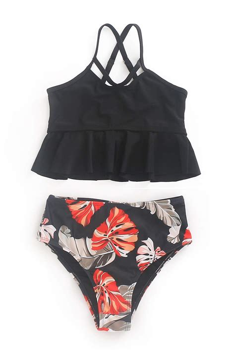 Xunyu Girls Swimsuit Falbala High Waisted Bathing Suit Halter Neck