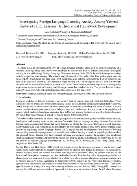Pdf Investigating Foreign Language Learning Anxiety Among Yemeni