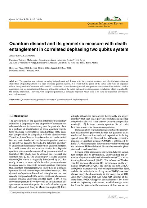 Pdf Quantum Discord And Its Geometric Measure With Death Entanglement In Correlated Dephasing