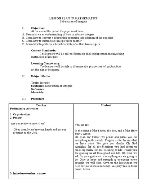 Subtraction Of Integers 4a Lesson Plan Pdf Subtraction Mathematics