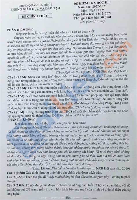 Đề thi học kì 1 Văn 9 Phòng GD ĐT Quận Ba Đình Hà Nội năm 2022 2023