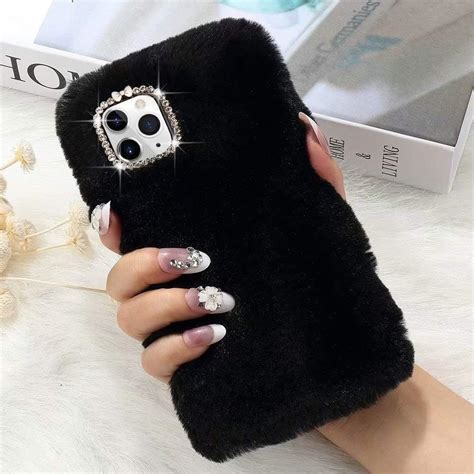 For Iphone 11 Case Cute Girly Faux Fur Case With Chic Bling Crystal Diamond Bowknot