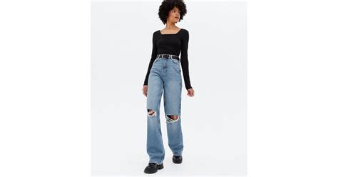 Tall Pale Blue Ripped High Waist Adalae Wide Leg Jeans New Look