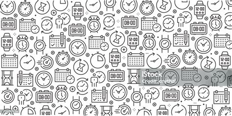 트렌디한 선형 스타일시간 관련에 대 한 디자인 서식 파일의 요소 집합 시간 관련벡터에 관련 된 선형 아이콘으로 원활한 패턴 벡터 시간에 대한 스톡 벡터 아트 및 기타 이미지
