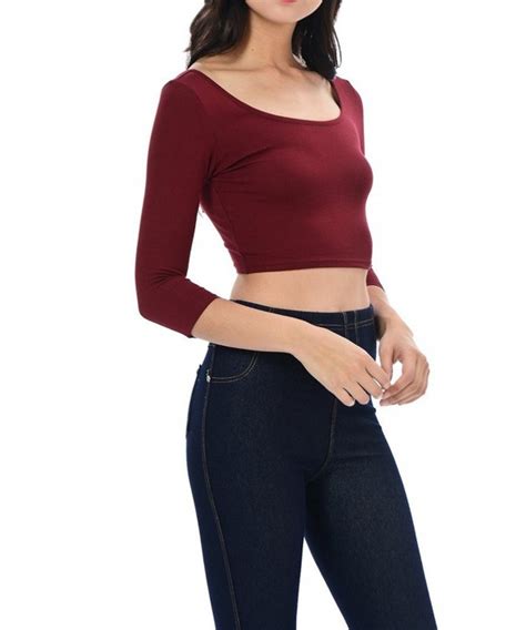 Womens Trendy Solid Color Basic Scooped Neck And Back Crop Top 34