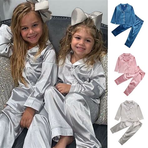 어린이 잠옷 새로운 가을 소녀 소년 새틴 잠옷 Nightwear 아기 유아 의류 단색 잠옷 세트 어린이 잠옷 1 7y파자마