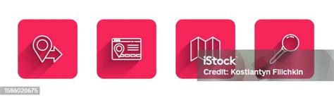 라인 위치 도시 지도 탐색의 인포그래픽 긴 그림자가 있는 접힌 핀 및 푸시 핀을 설정합니다 빨간색 사각형 버튼입니다 벡터 Crash Site에 대한 스톡 벡터 아트 및 기타