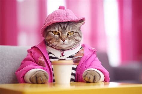 Premium Ai Image A Cat Wearing Pink Clothes With Coffee Ai Generated