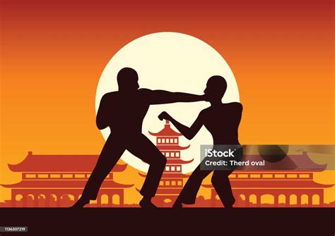 중국 복싱 쿵푸 무술 유명한 스포츠 중국 사원과 함께 주위에 함께 두 권투 선수 싸움 가라테에 대한 스톡 벡터 아트 및 기타